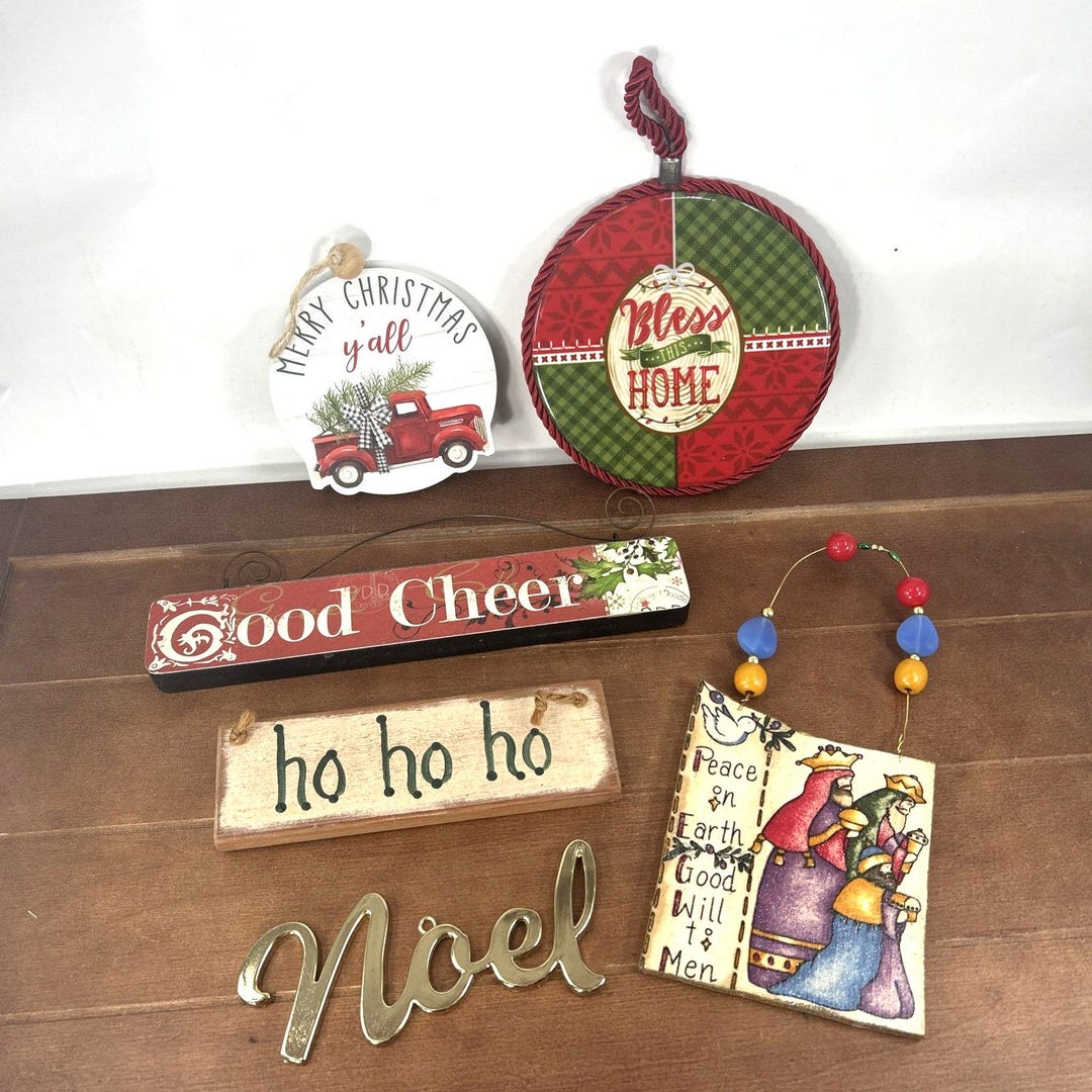 Set of 6, Christmas Signs Words Plaques Hanging Ornaments Holiday Home ...