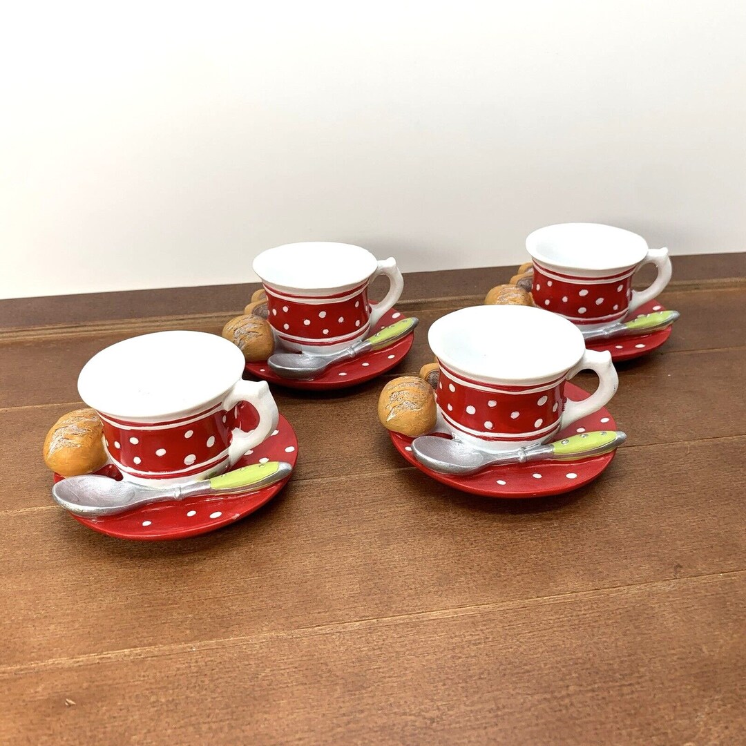 Set of 4 Silea Hand-painted Resin Tea Cups Saucer Spoon Polka Dots ...
