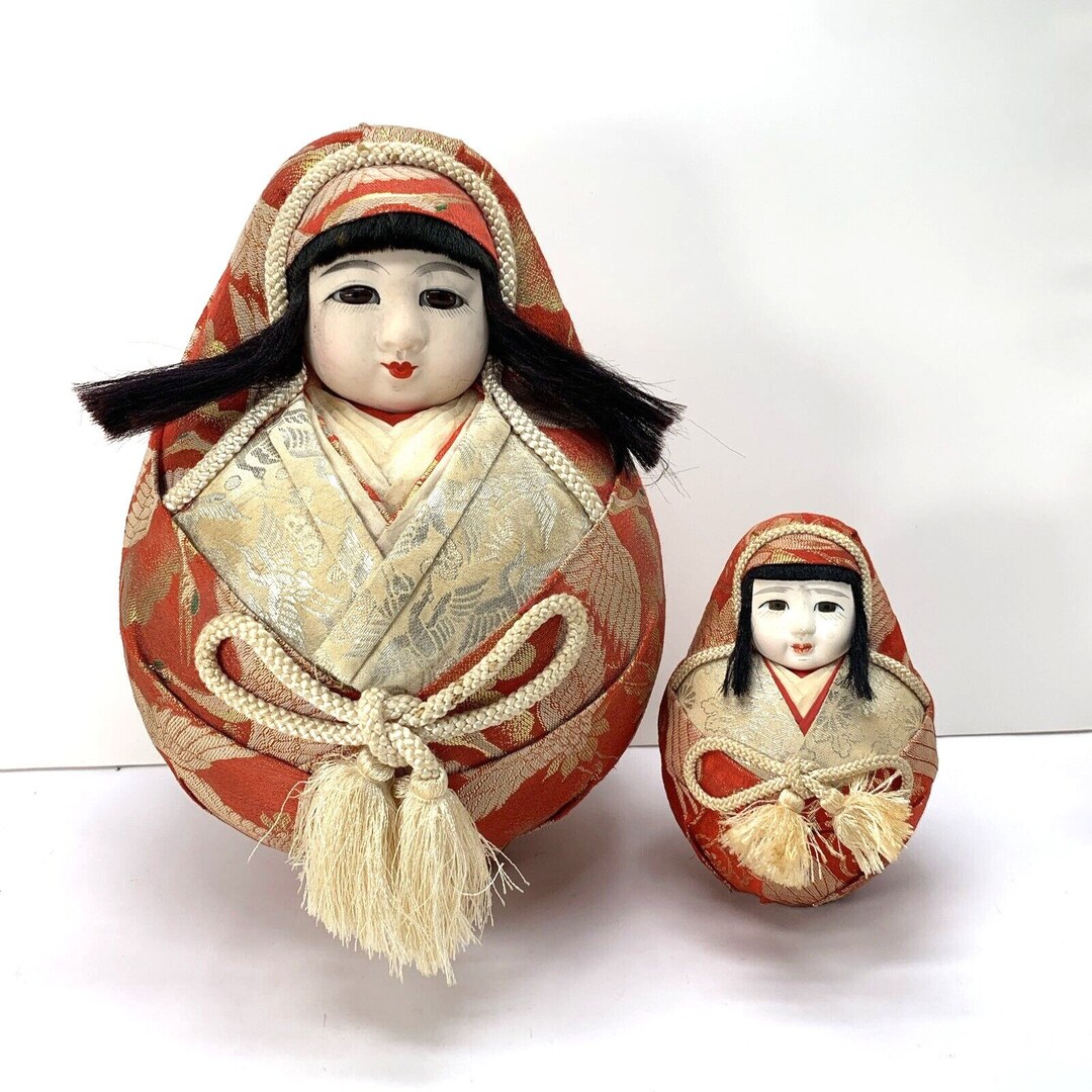 Japanese Dolls Hime-daruma Hina-dolls 10" & 6" Red Kimono Vintage 1960 ...