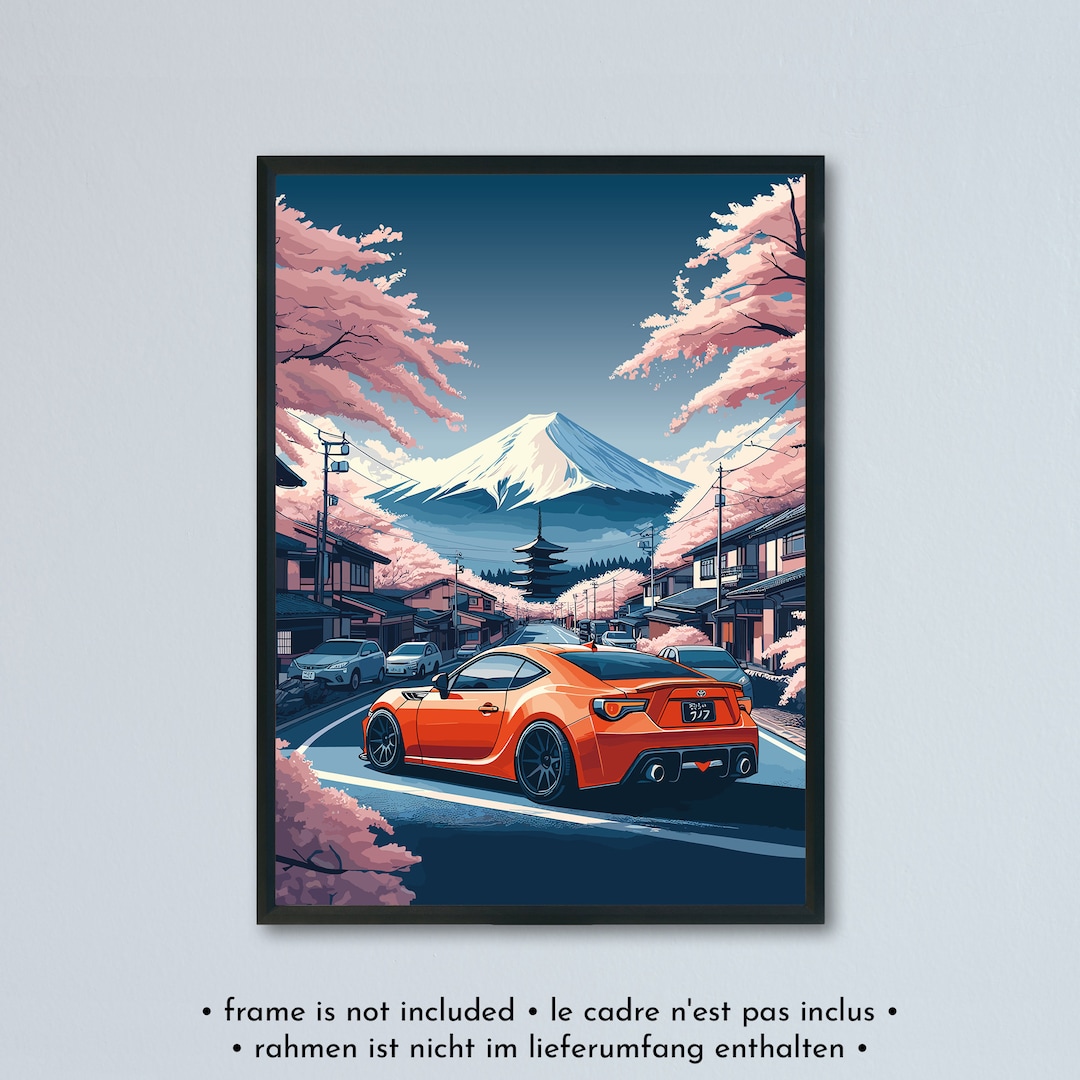 Toyota GT86 in Front of Mount Fuji Illustration Printed on Matte White ...