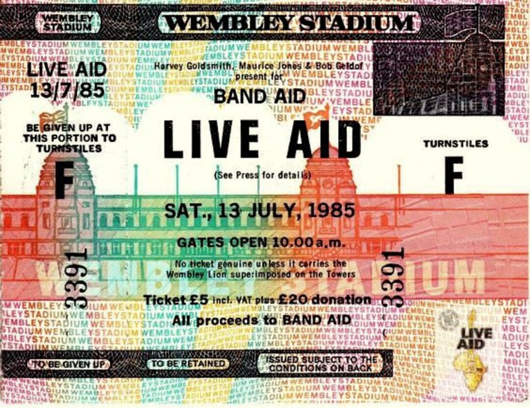 Live Aid Vintage Ticket Stub STICKER U2 Queen Who Bowie Mick Jagger ...