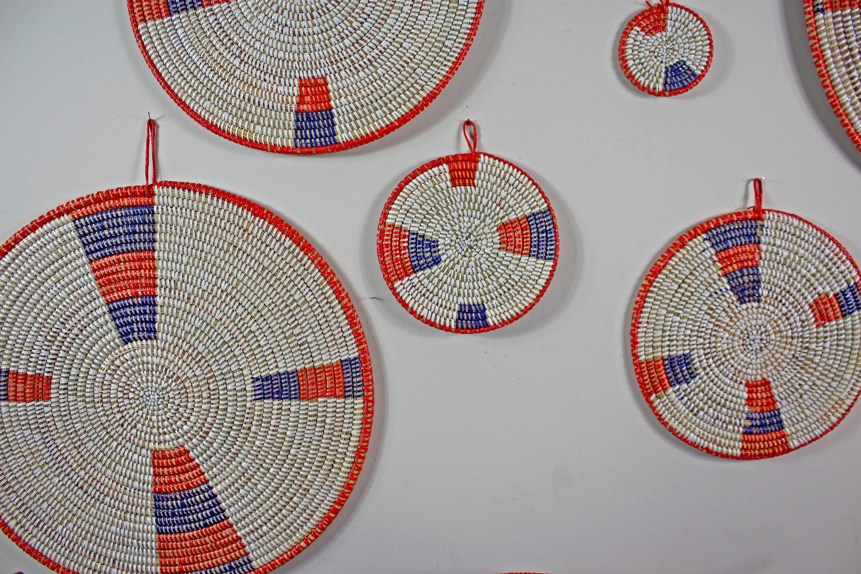Beige & Red African Senegal Woven Round Pad for Wall Decor Set of 6 ...