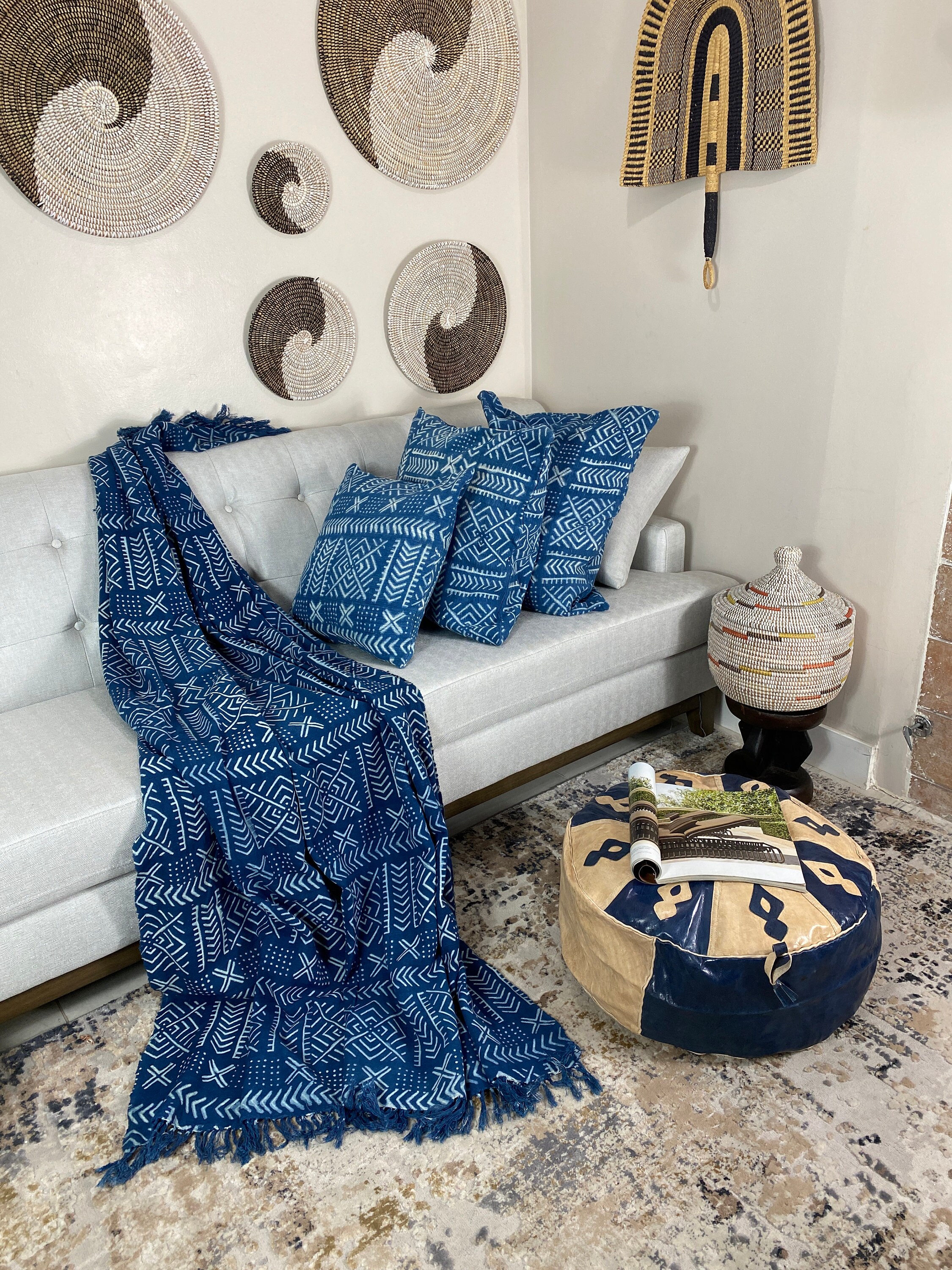 Lolo Blue African Mudcloth Blanket Set Traditional Textile - Etsy
