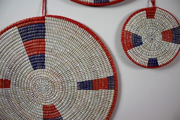 Beige & Red African Senegal Woven Round Pad for Wall Decor Set of 6 ...