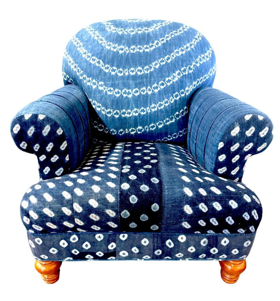 Vintage Indigo Accent Chair African Blue Upholstered Sofa Antique Hand ...