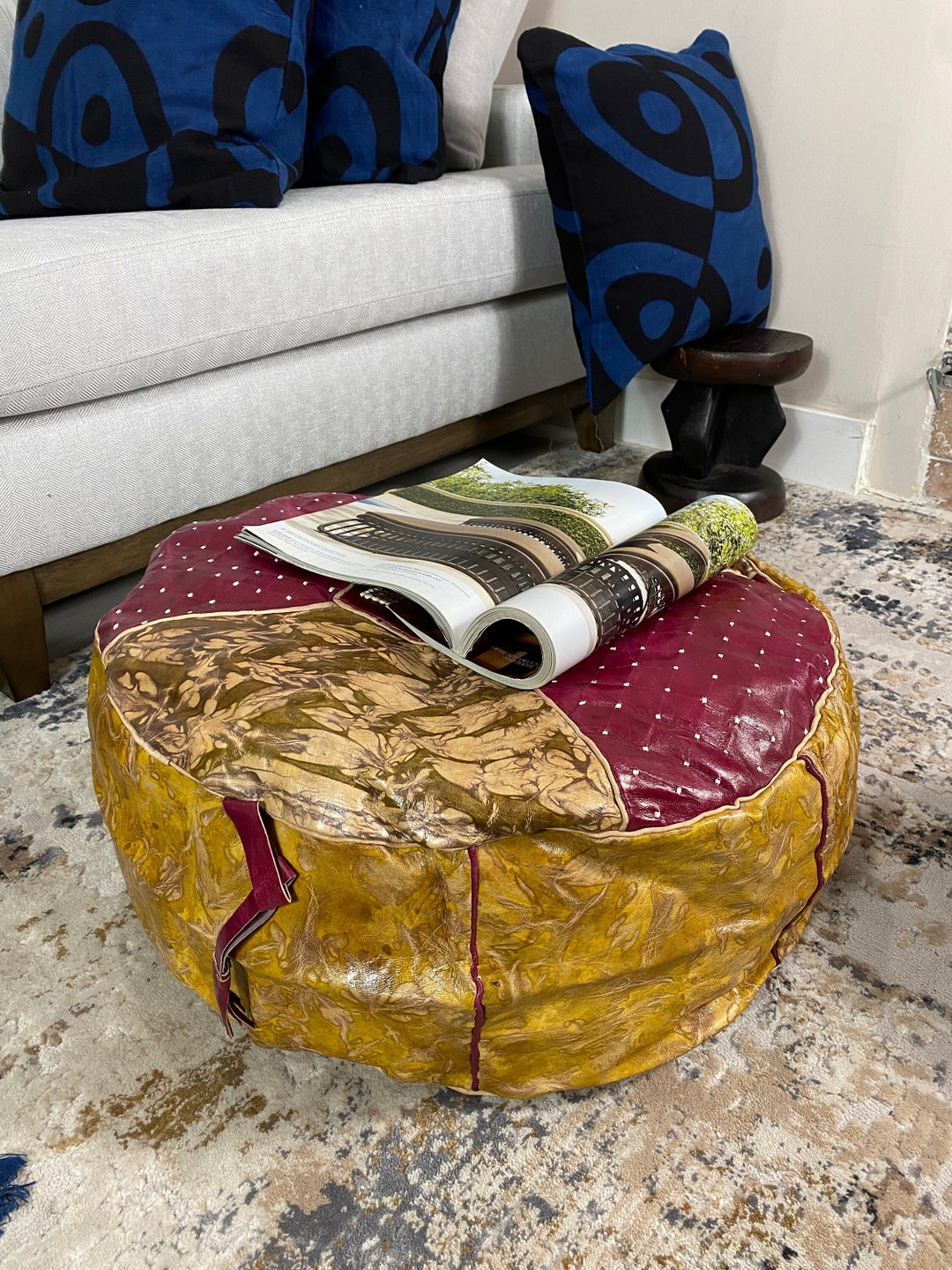Anta Mustar and Red Pouf| Handmade Malian| Tuareg Pouf| Lamb Leather ...