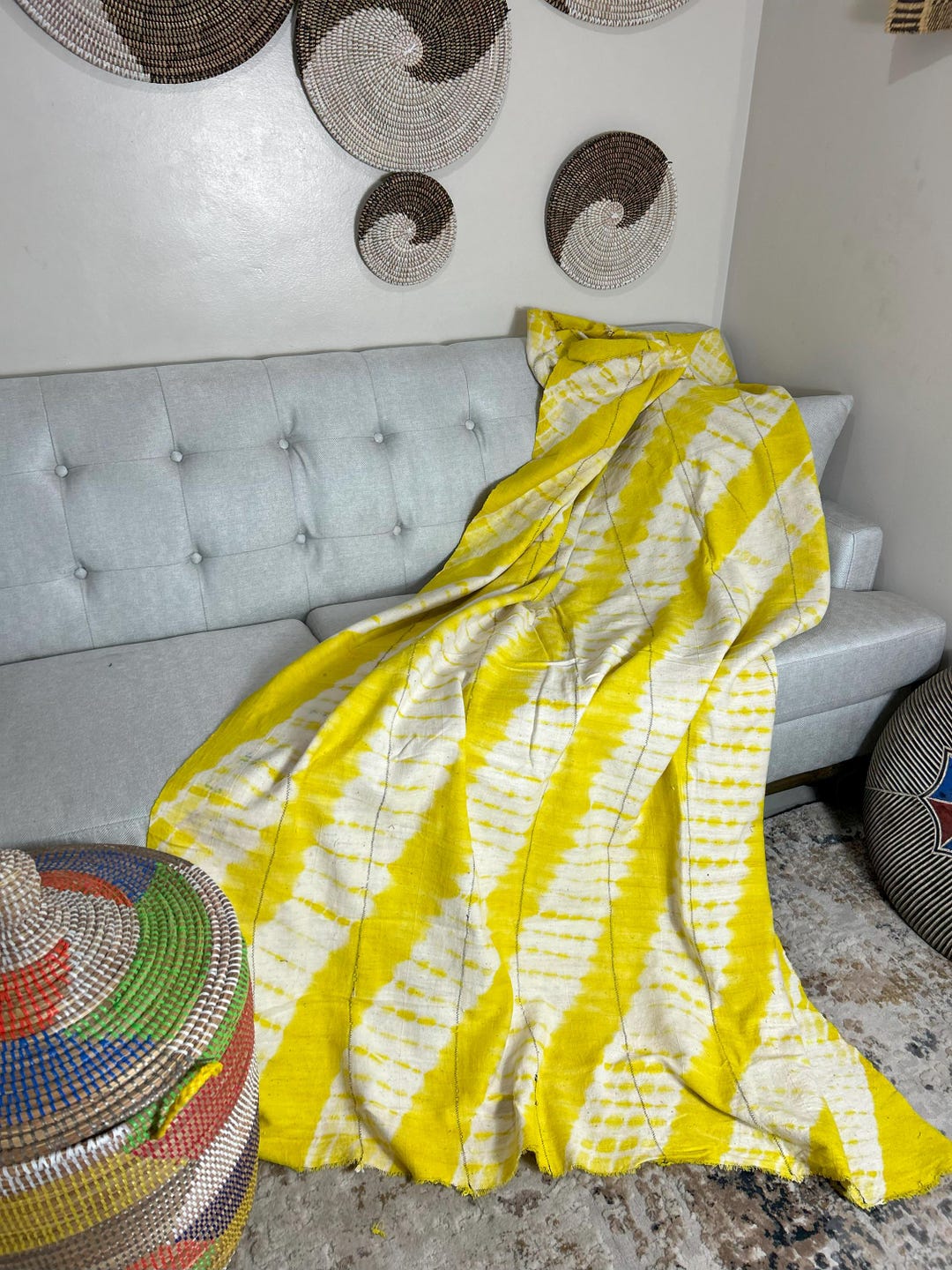 Handmade African Mudcloth Throw Blanket: Indigo Shibori, Yellow Fringe ...