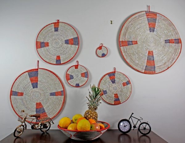 Beige & Red African Senegal Woven Round Pad for Wall Decor Set of 6 ...