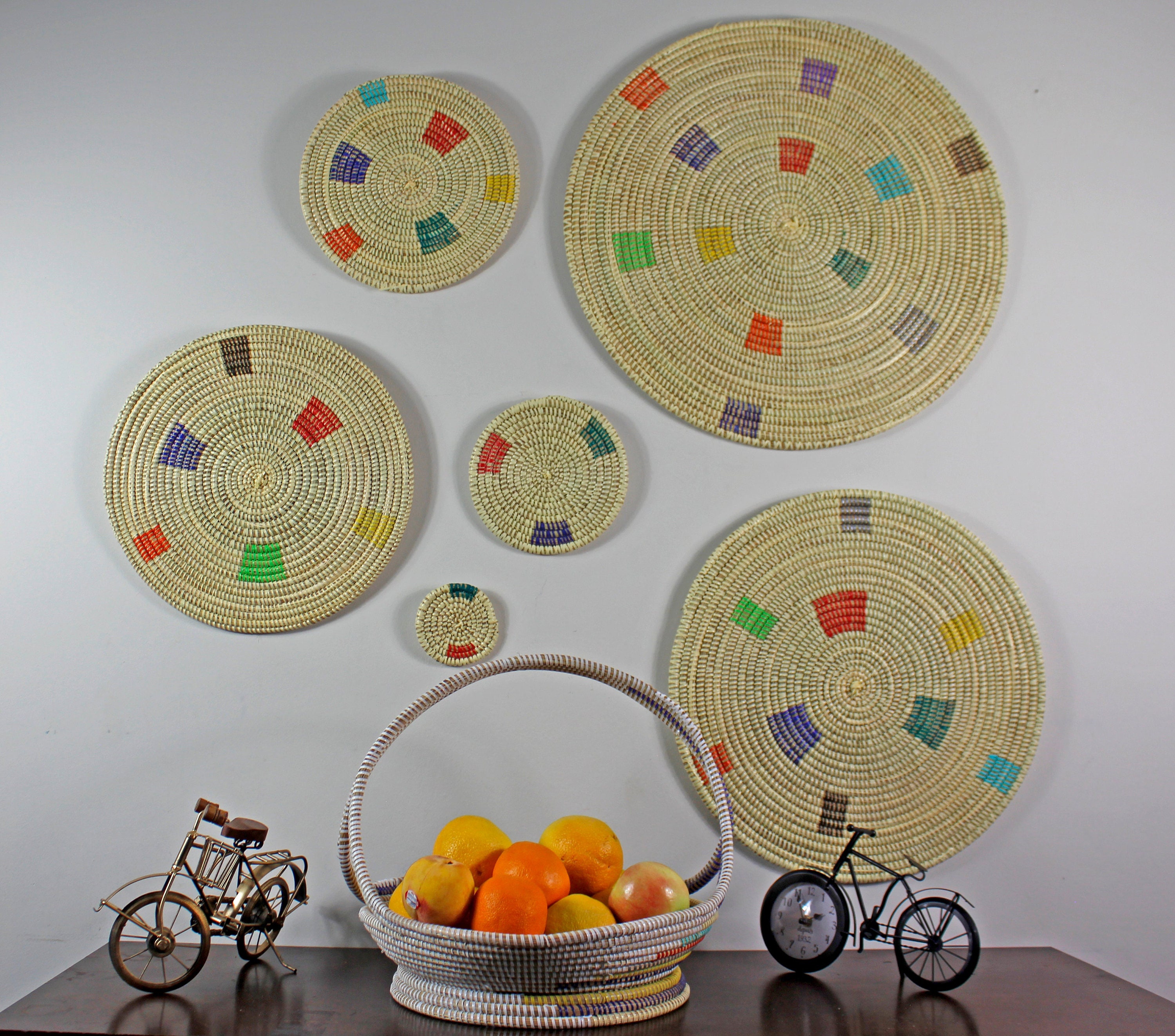 Beige & Color African Senegal Woven Round Pad for Wall Decor Set of 6 ...