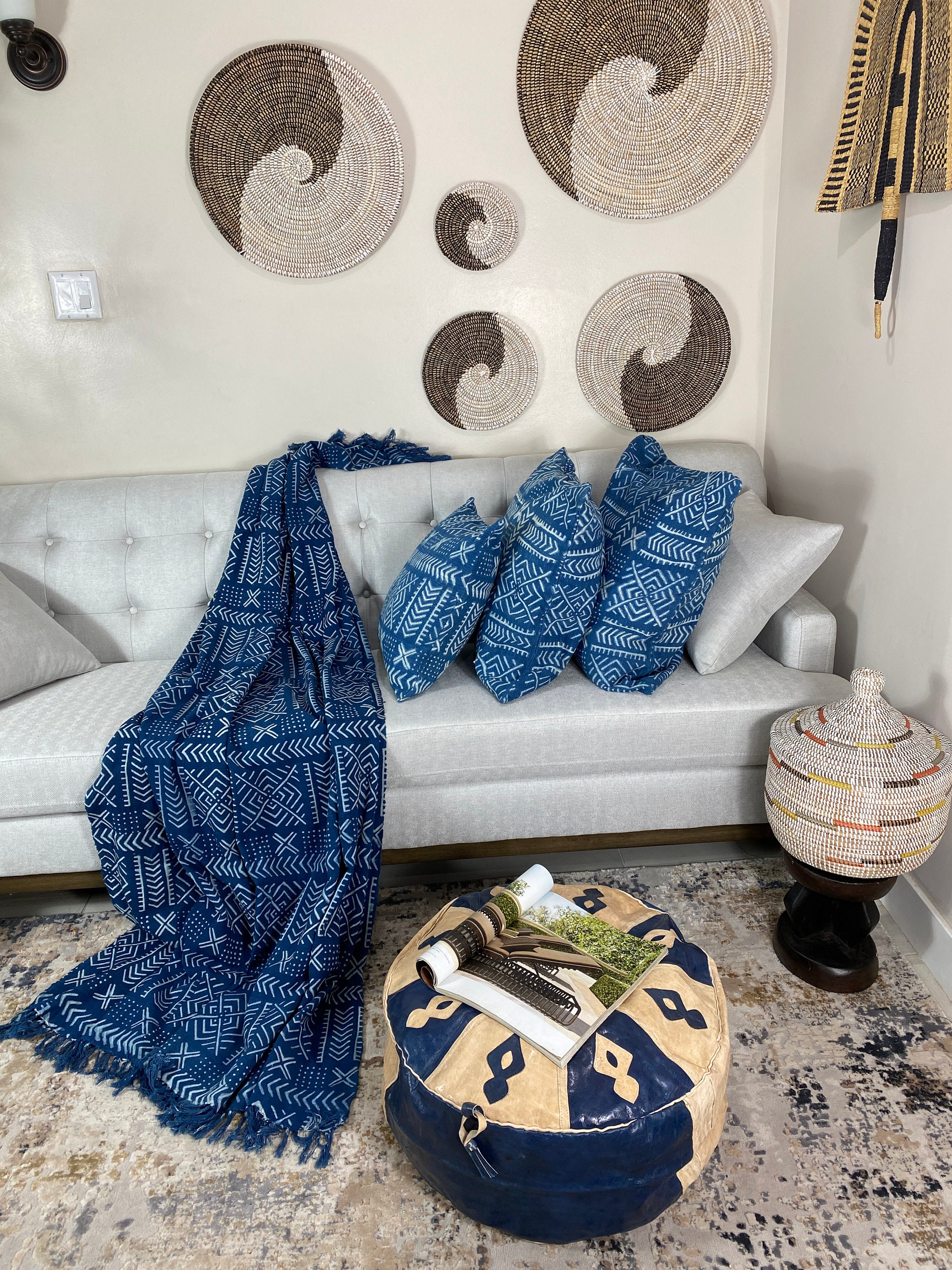 Lolo Blue African Mudcloth Blanket Set Traditional Textile - Etsy