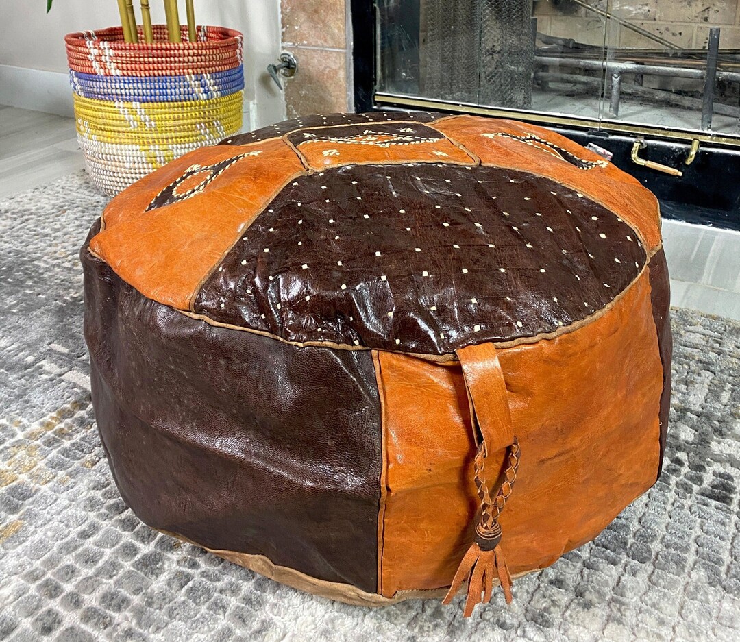 Brown Handmade Malian| Tuareg Pouf| Lamb Leather Ottoman Round Pouf ...