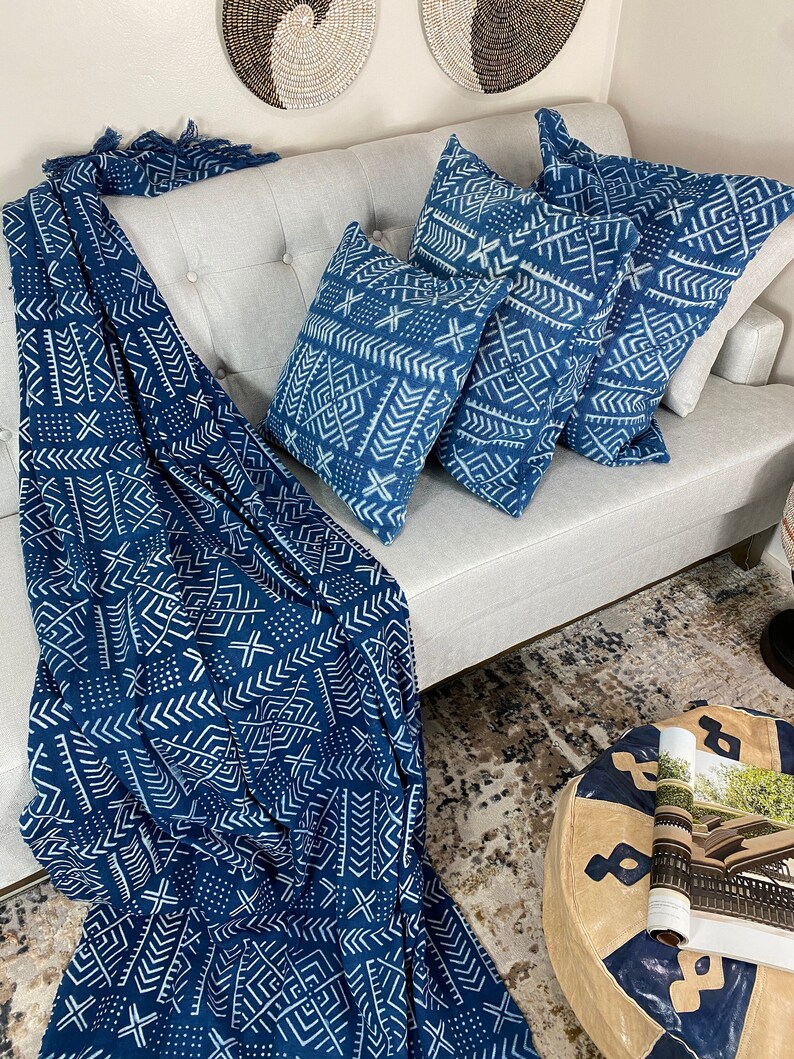 Lolo Blue African Mudcloth Blanket Set Traditional Textile - Etsy
