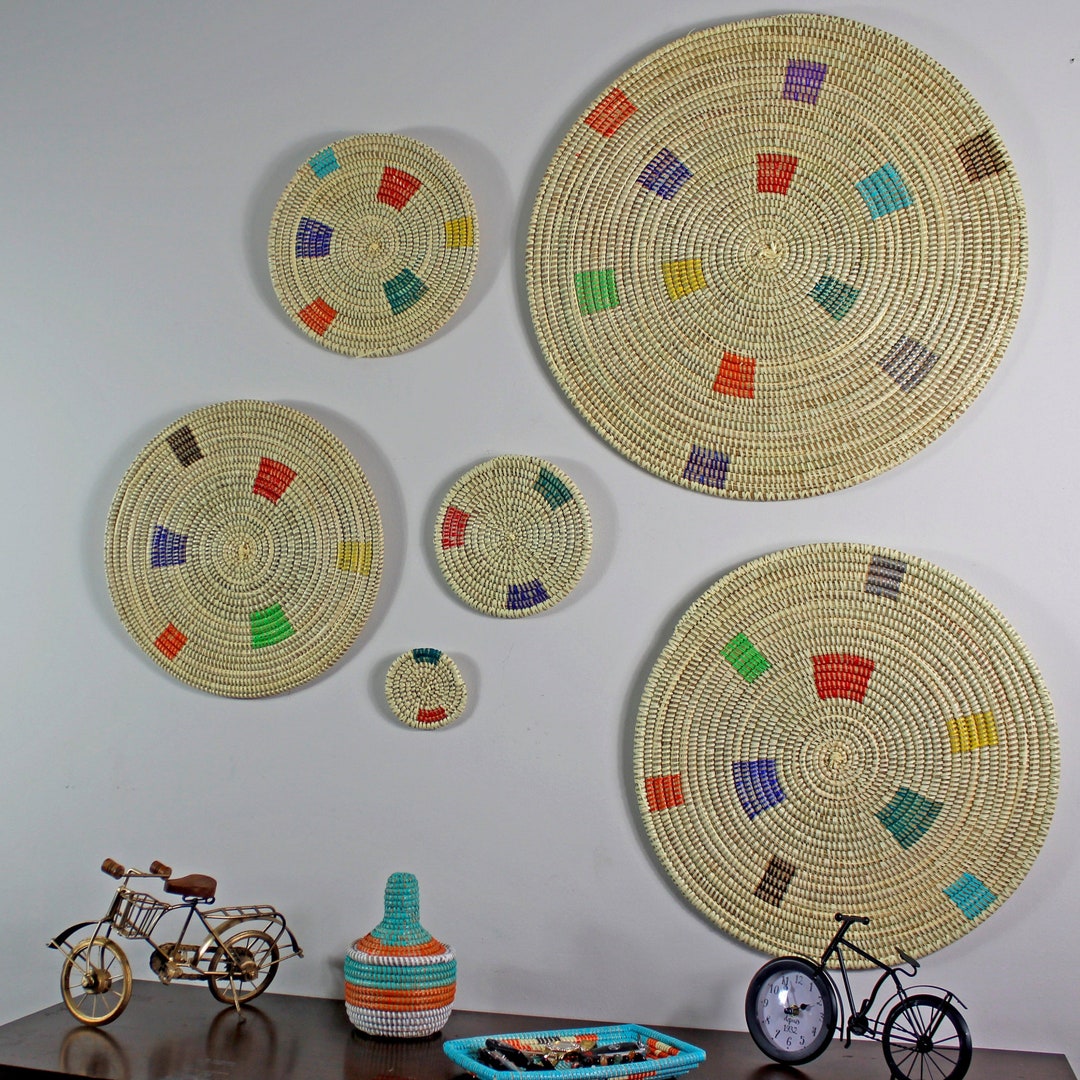 Beige & Color African Senegal Woven Round Pad for Wall Decor – Set of 6 ...