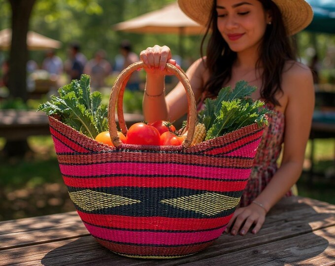 Handwoven Bolga Market Basket: Large African U-shopper With Leather ...