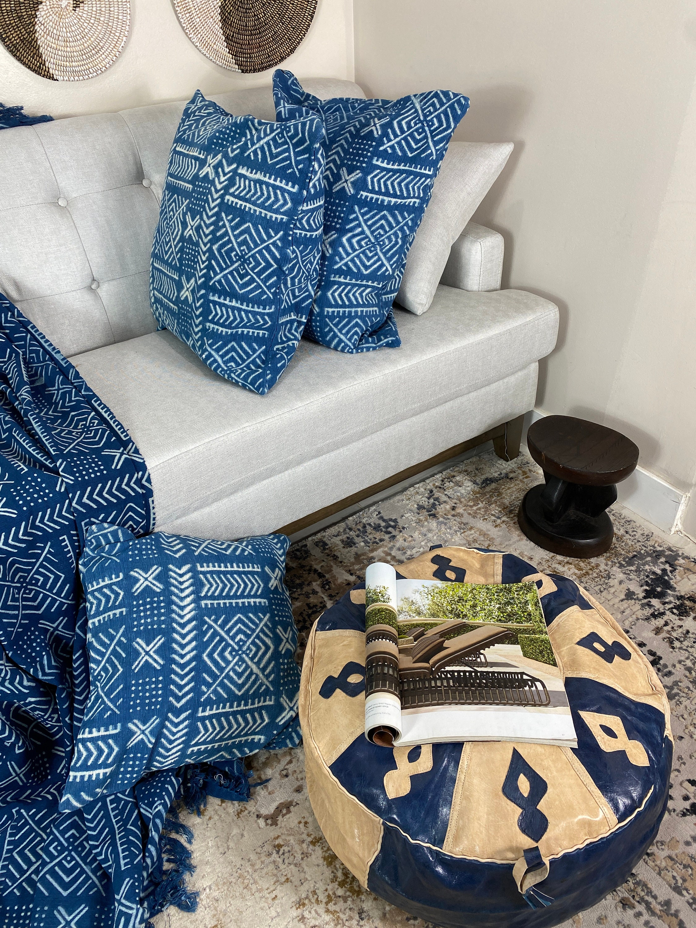 Lolo Blue African Mudcloth Blanket Set Traditional Textile - Etsy