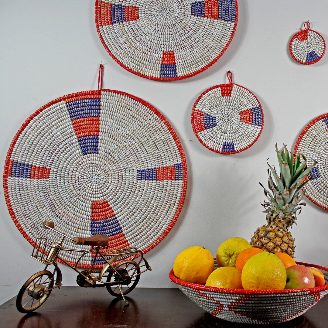 Beige & Red African Senegal Woven Round Pad for Wall Decor – Set of 6 ...