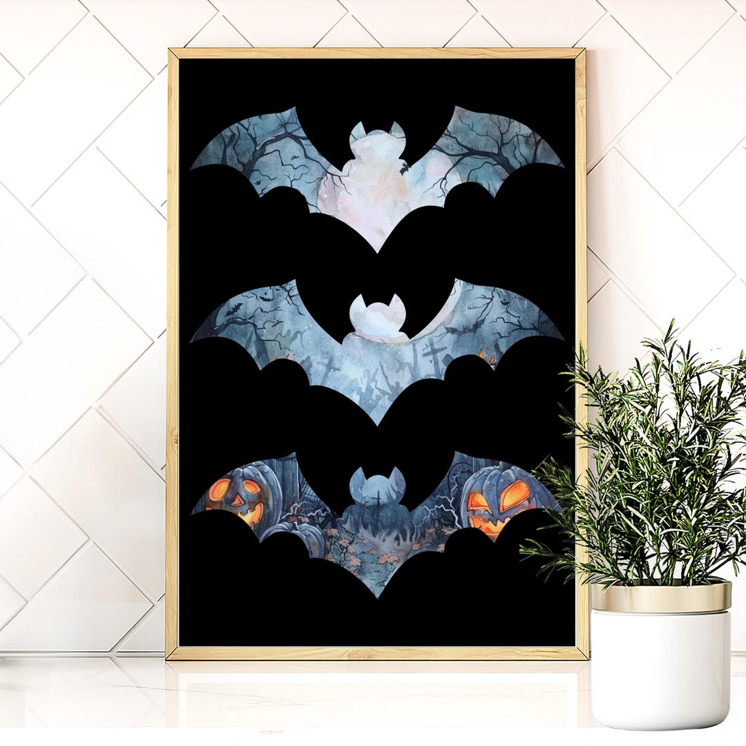 Halloween Wall Art, Printable Bat Decor, Grey Bat Halloween, Wall Art ...
