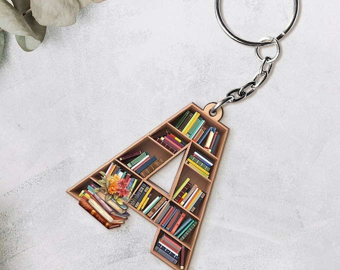 Personalized Bookshelf Keychain, Book Wood Keychain, Custom Librarian ...