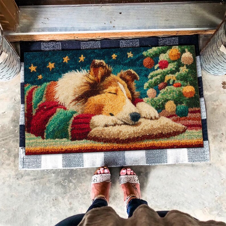 Rough Collie Dog Sleeping Beside Christmas Tree Mat (2D FLAT PRINTED ...