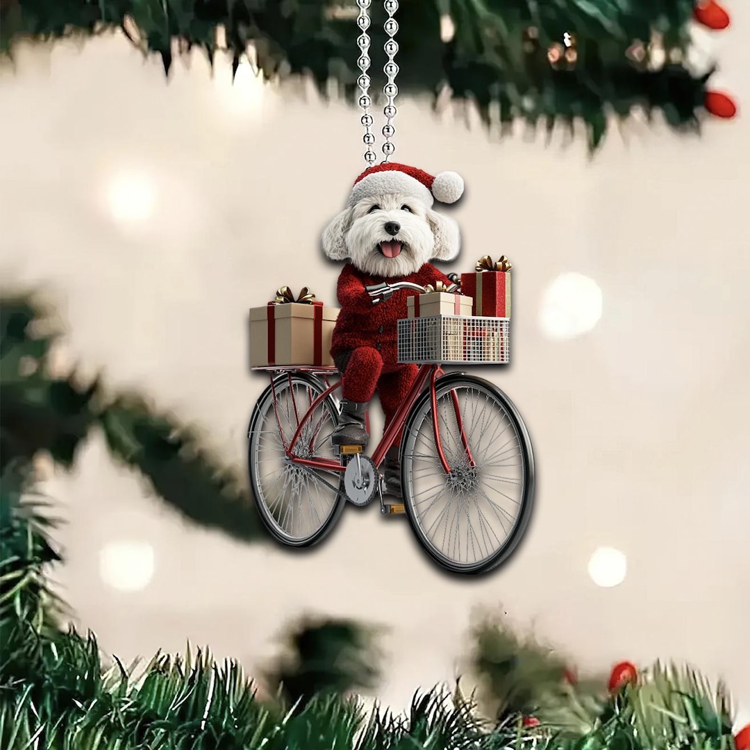 Funny Sheepadoodle Ornament, Sheepadoodle Dog Riding a Bicycle, Dog 2D ...