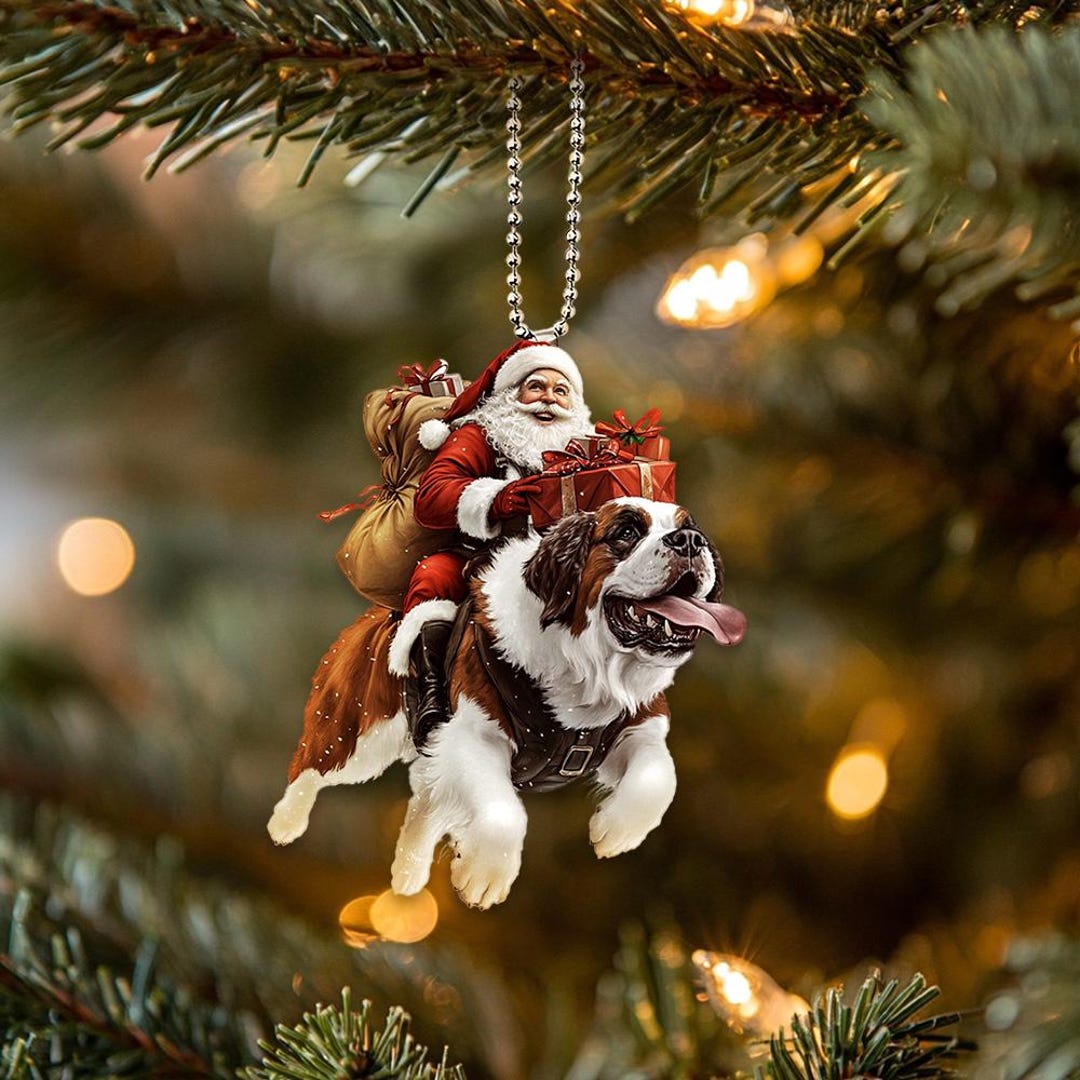 2D Flat Funny Saint Bernard Ornament, Santa and Dog Ornament, St Bernard Dog Car Hanging ...