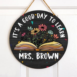 Personalized Teacher Door Sign, Floral Book Classroom Door Hanger, Book ...