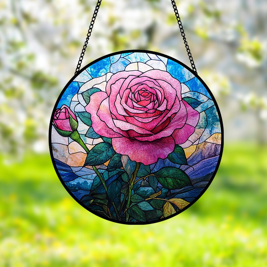 Pink Rose Stained Glass Suncatcher, Rose Window Hanging Decor, Rose Sun ...