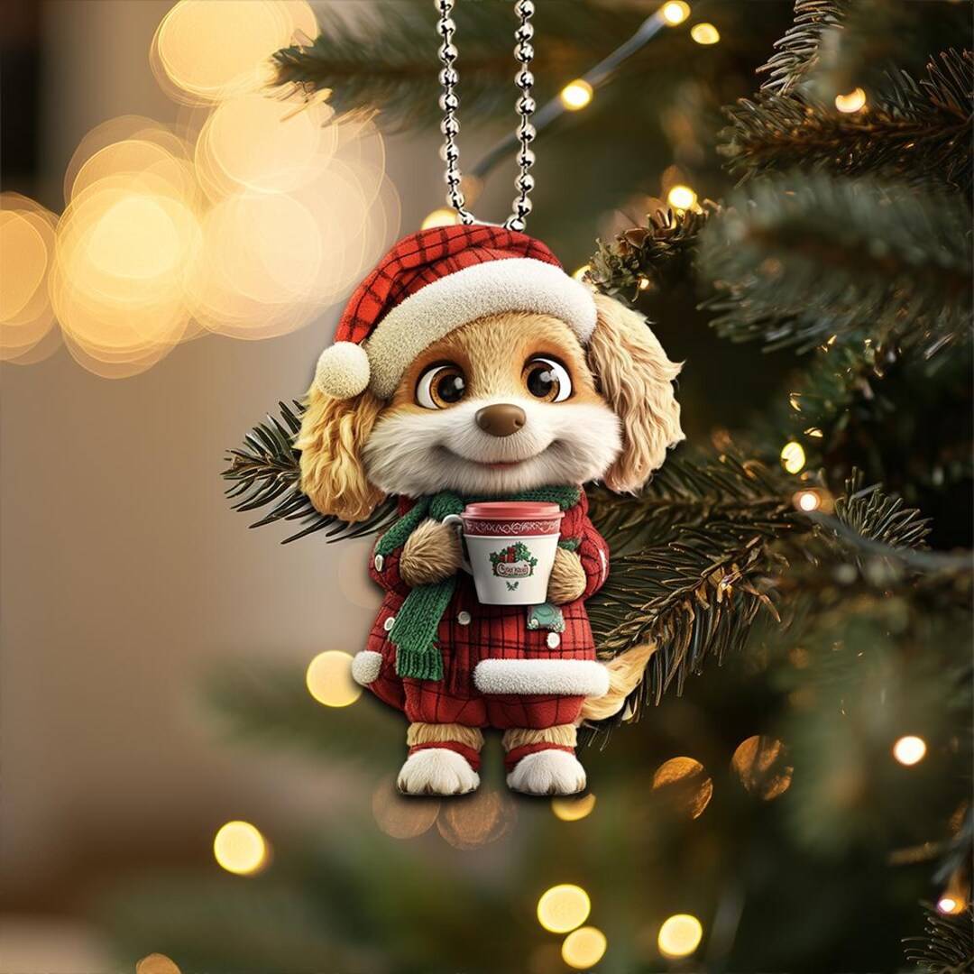 Funny Cavachon Ornament, Cavachon Dog Drinking Coffee Ornament, Cute ...