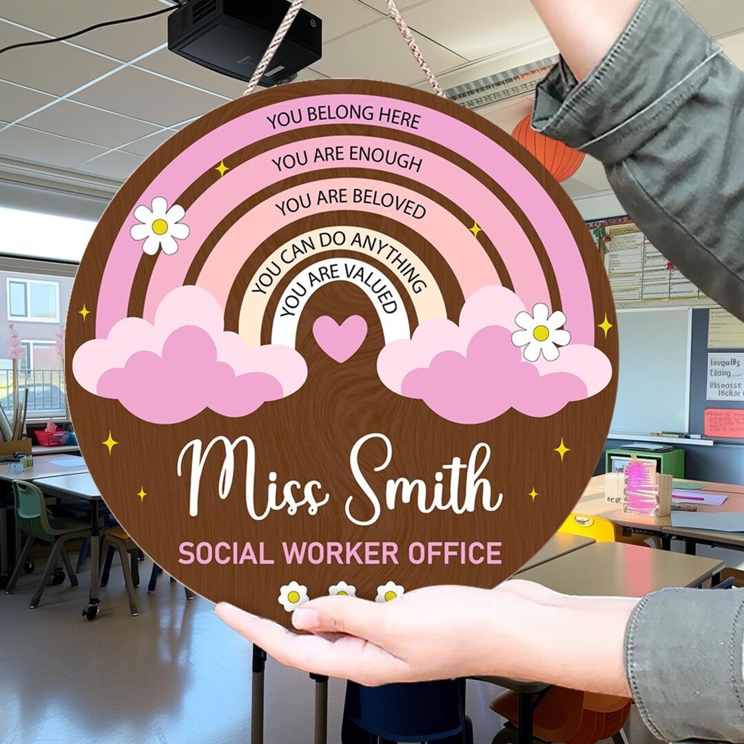 Personalized Teacher Sign, Rainbow School Social Worker Office Sign ...