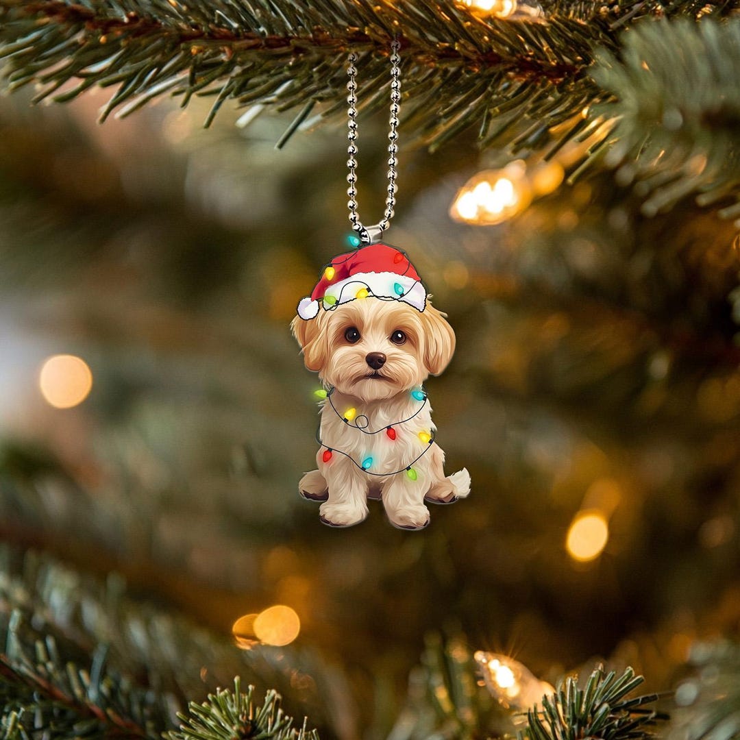 2D Flat Maltipoo Ornament, Dog With Santa Hats and Christmas Lights ...