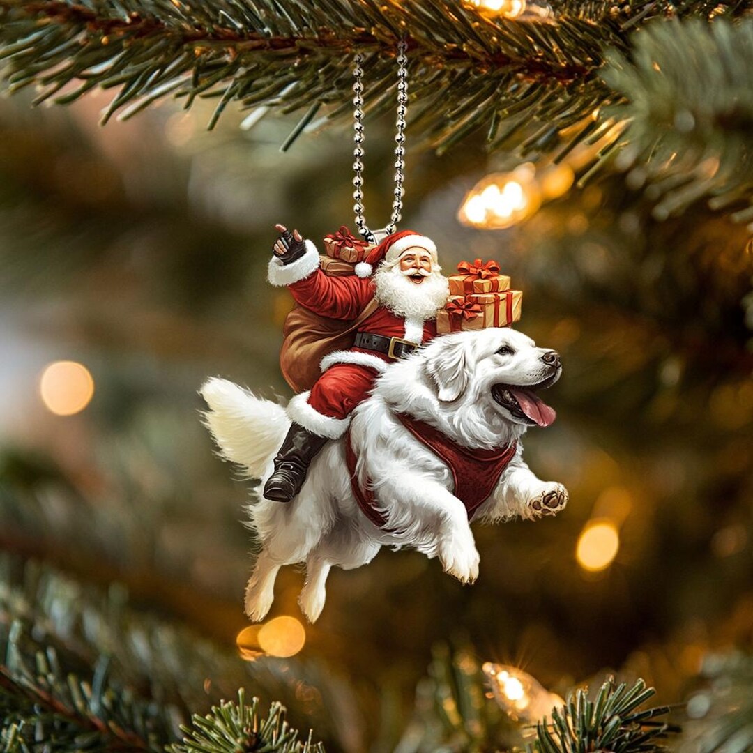 2D Flat Great Pyrenees Ornament, Dog With Santa Ornament, Santa and Dog ...