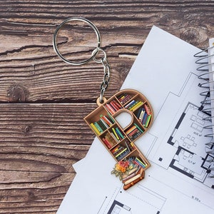Personalized Bookshelf Keychain, Book Wood Keychain, Custom Librarian ...