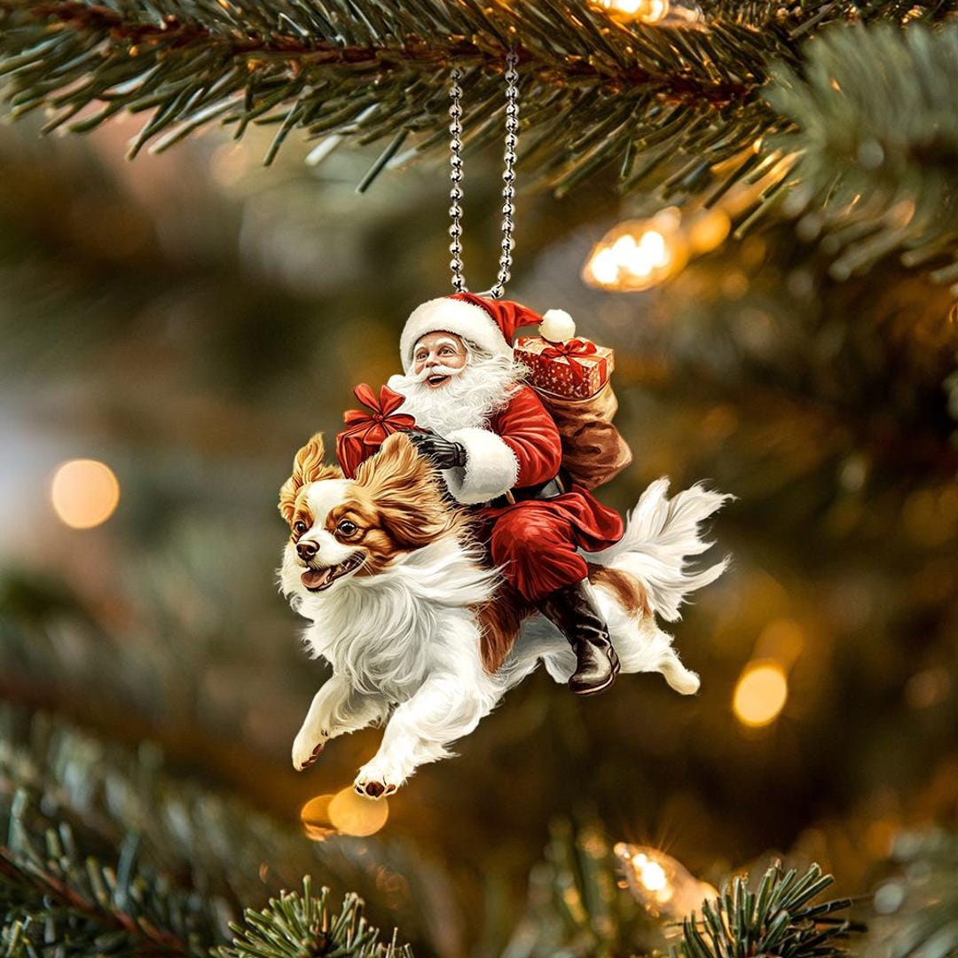 2D Flat Funny Papillon Ornament, Papillon Dog, Santa and Dog Ornament ...