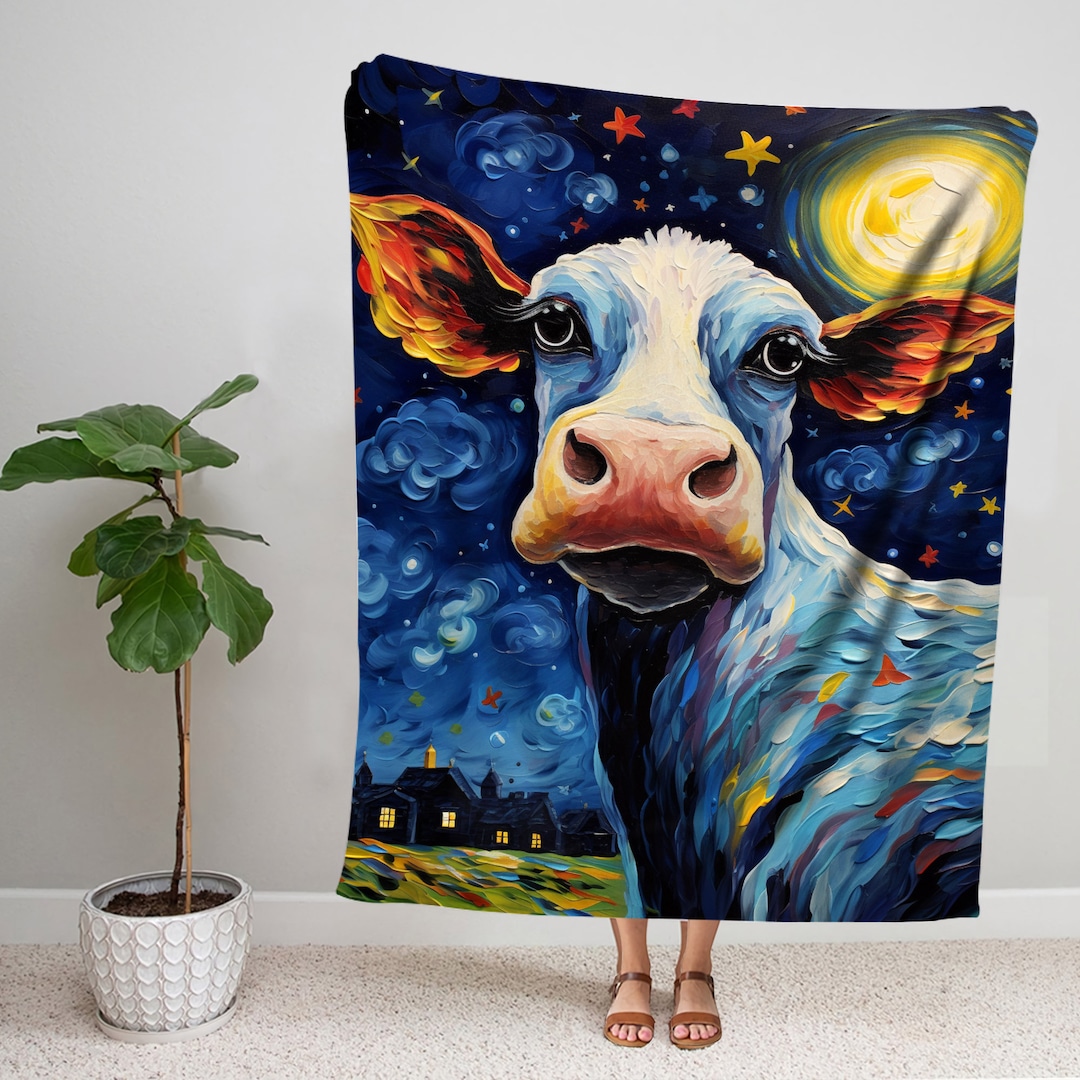 Starry Night Cow Blanket, Cow Fleece Blanket, Cow Sherpa Blanket, Farm ...