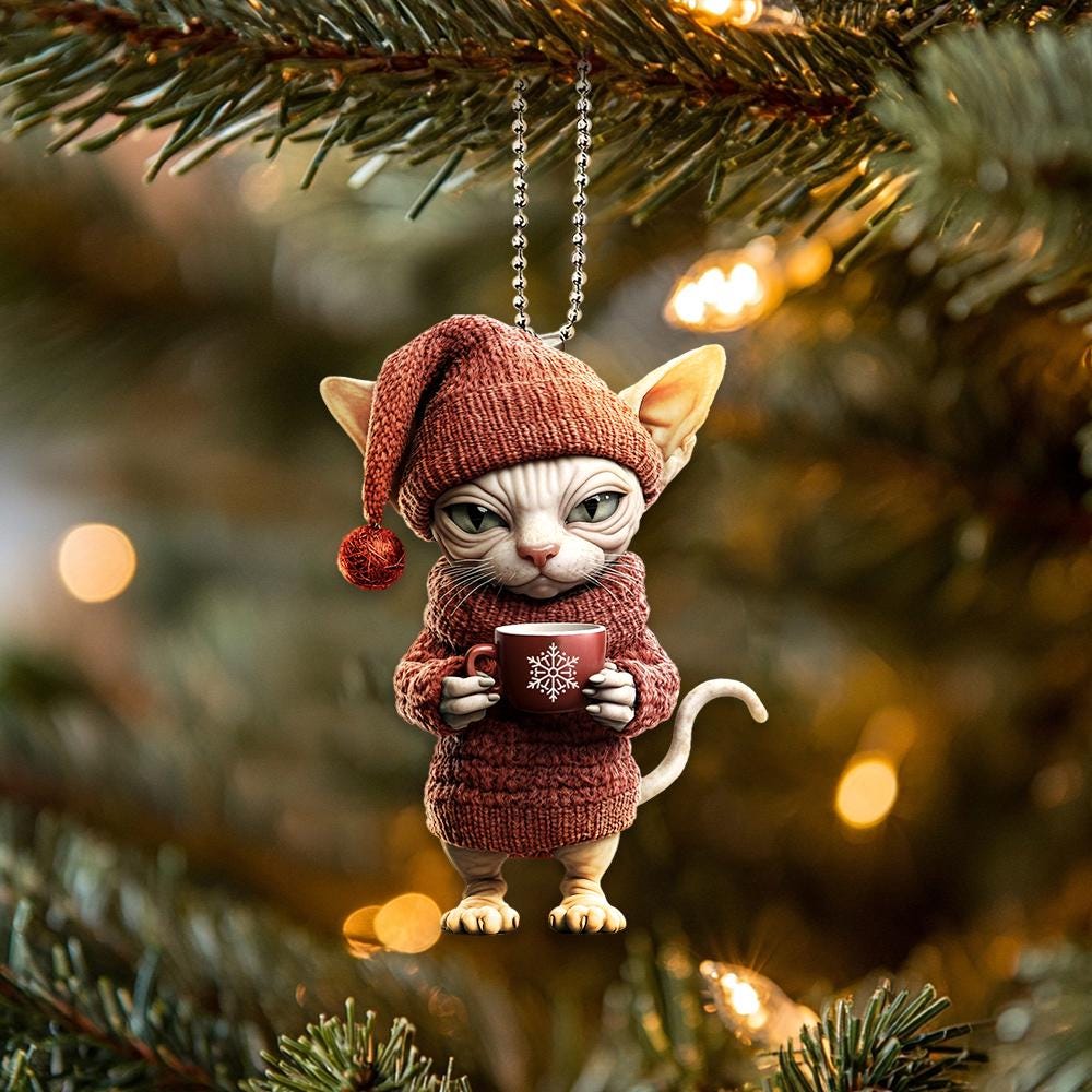 2D Flat Funny Sphynx Cat Ornament, Cat Drinking Coffee Ornament, Cat ...