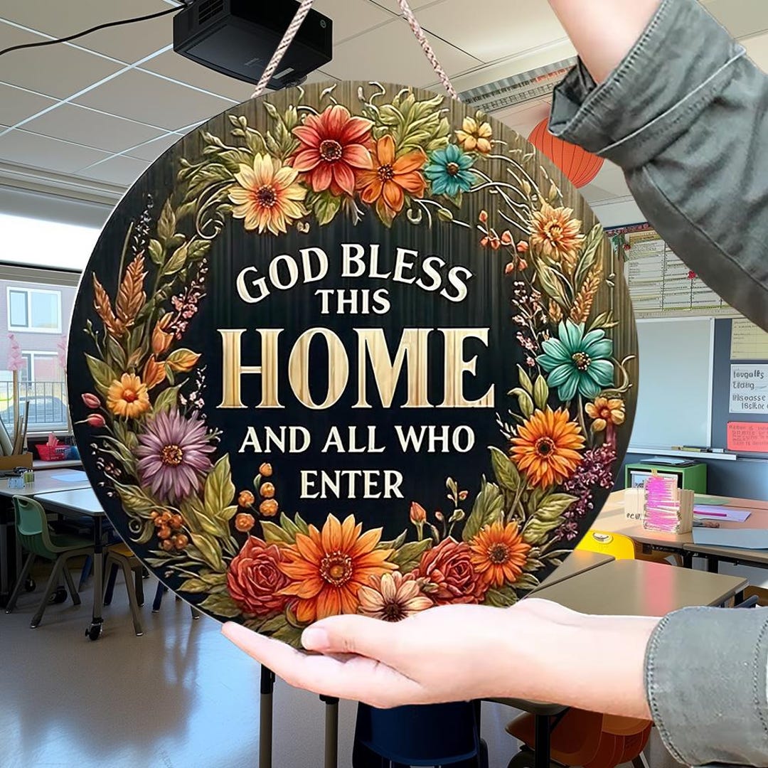 God Bless This Home Wooden Sign, Floral Wreath Wooden Welcome Door Sign ...