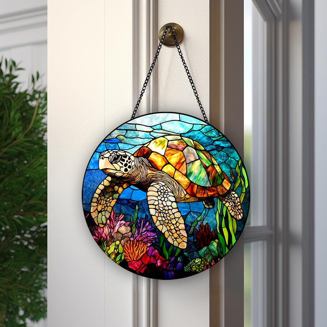 Sea Turtle Glass Suncatcher Hanging Sign, Sea Turtle Window Hanging ...