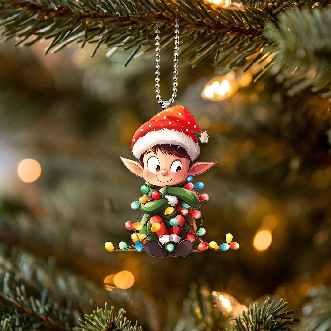 Elf Ornament, Santa Hat and Lights Acrylic Elf Hanging Ornament ...