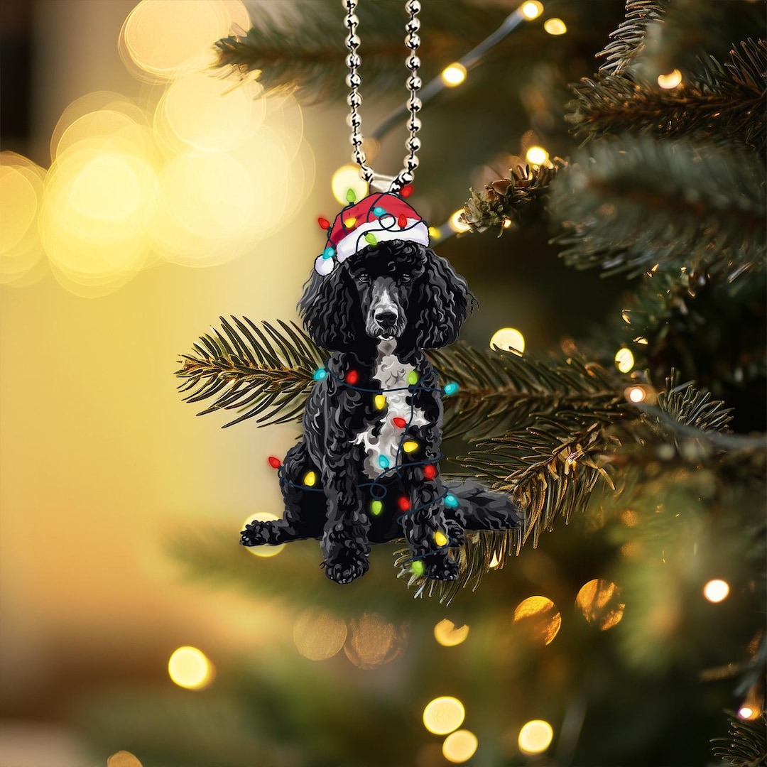 Black Poodle Ornament, Poodle Dog With Santa Hats and Lights, Poodle ...