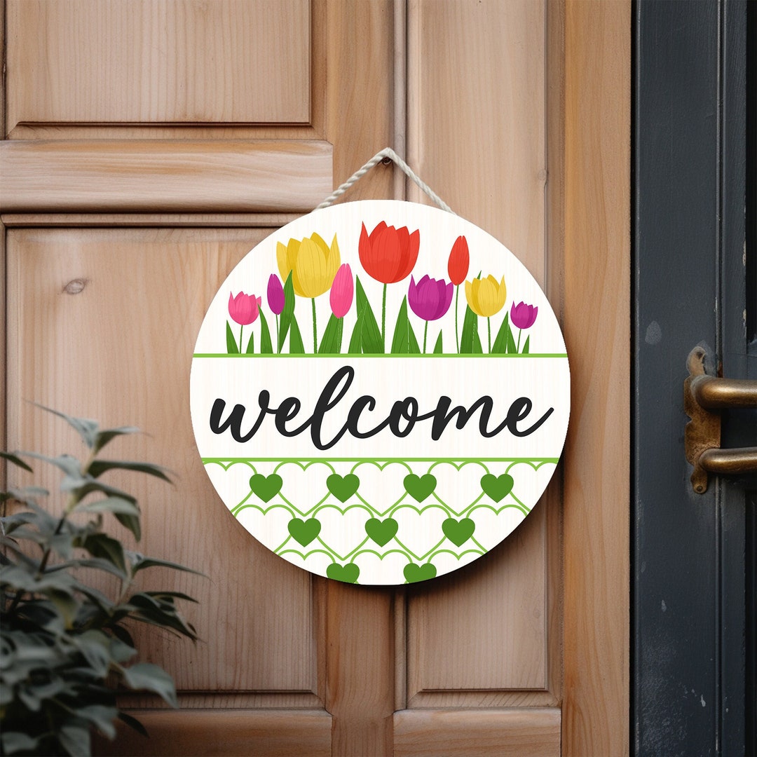Spring Welcome Sign, Hello Spring Welcome Sign, Tulip Round Door Hanger ...