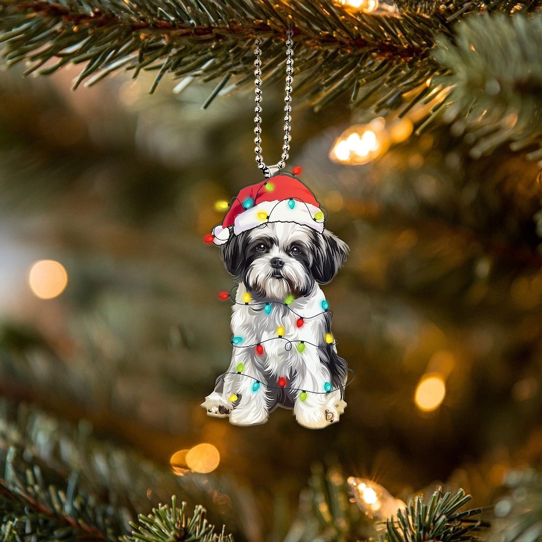 Shih Tzu Ornament, Shih Tzu Dog With Santa Hat and Lights, Shih Tzu Dog ...