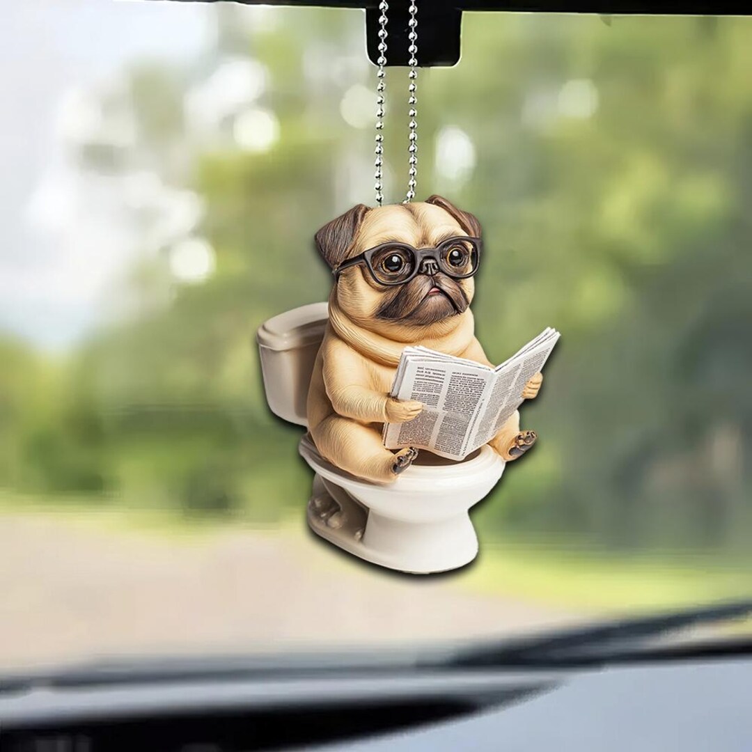 Puggle Ornament, Cute Dog on Toilet Reading Book 2D Flat Ornament, 2D ...