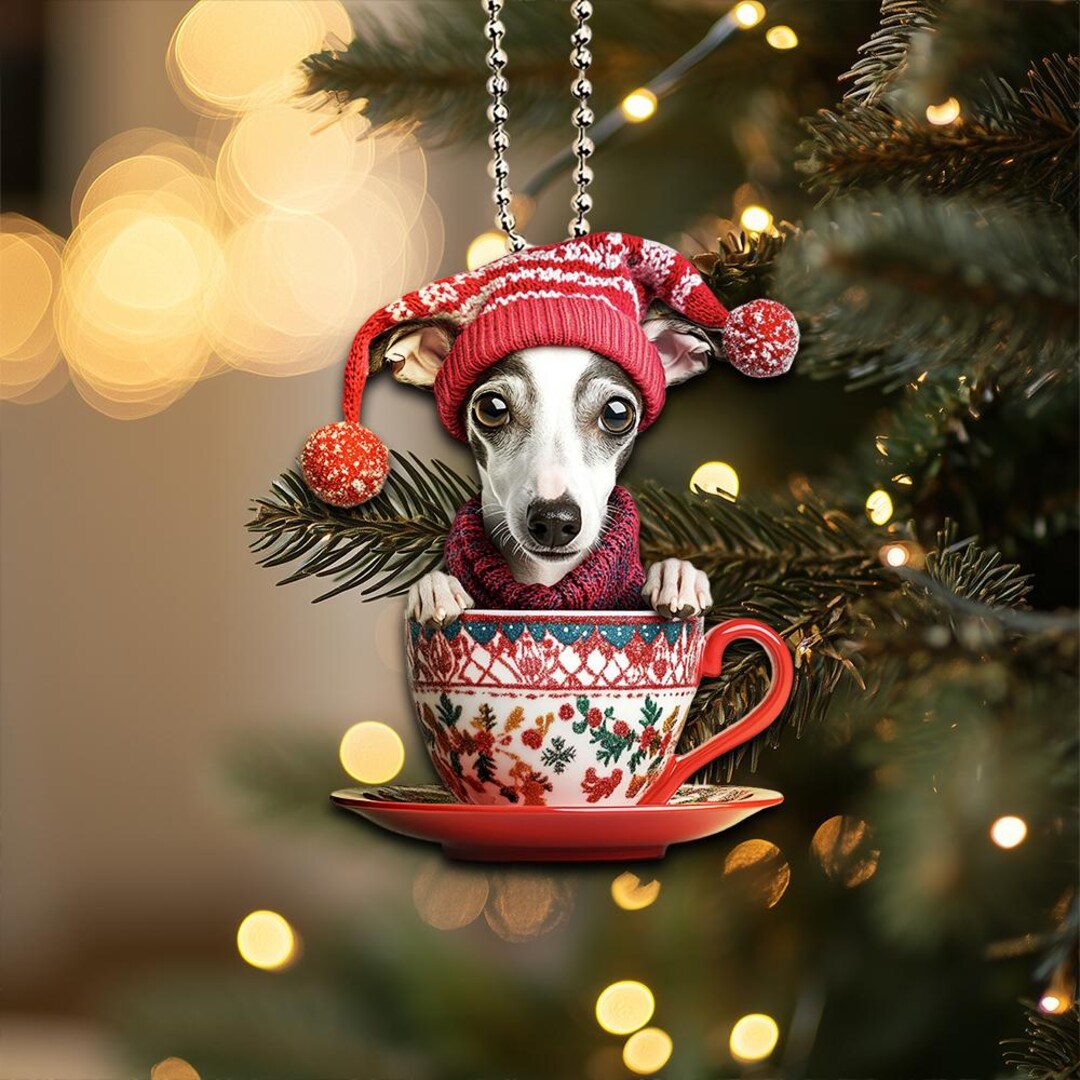 2D Flat Funny Whippet Ornament, Dog in A Cup Ornament, Whippet Dog Car ...