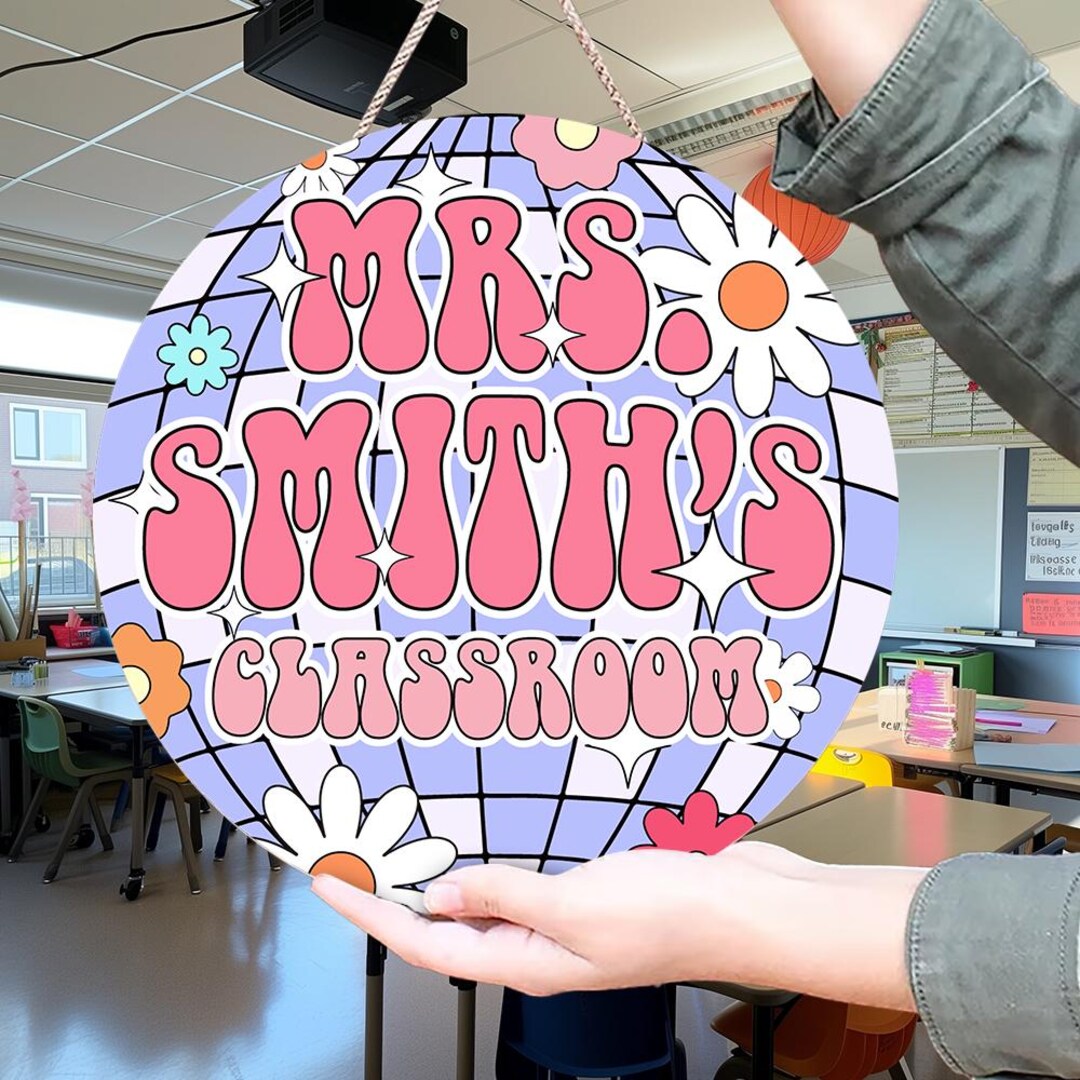 Personalized Disco Classroom Door Sign, Groovy Teacher Door Hanger ...