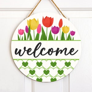 Spring Welcome Sign, Hello Spring Welcome Sign, Tulip Round Door Hanger ...
