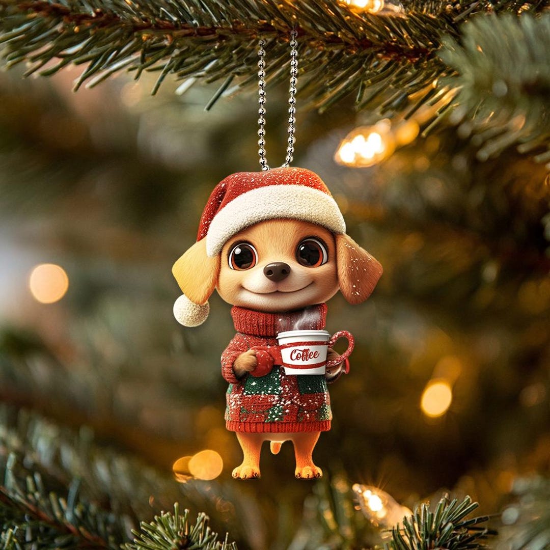 Funny Chiweenie Ornament, Chiweenie Dog Drinking Coffee Ornament, Cute ...
