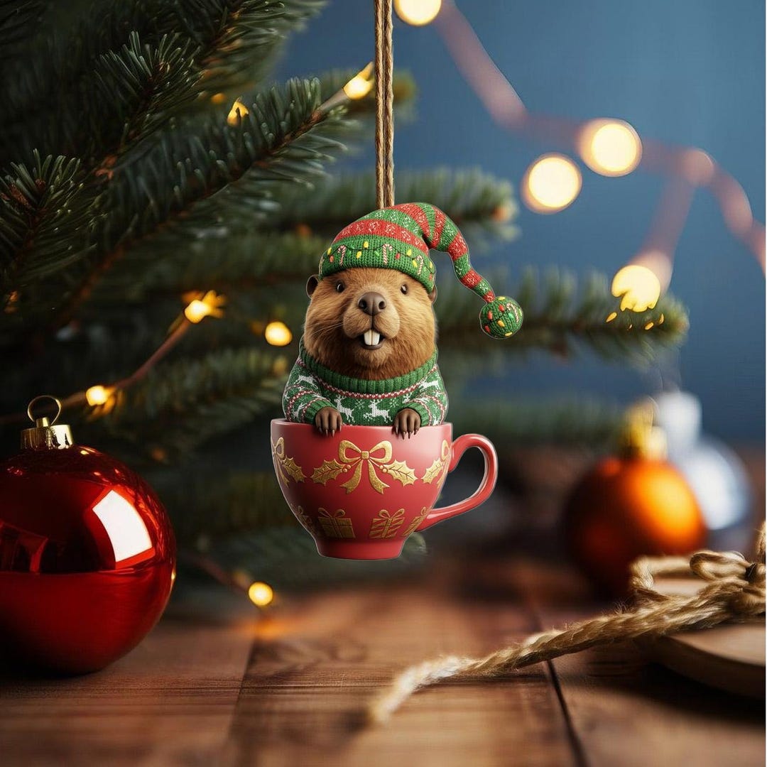 2D Beaver Ornament, Beaver in A Cup Xmas Ornament, Beaver 2D Flat ...