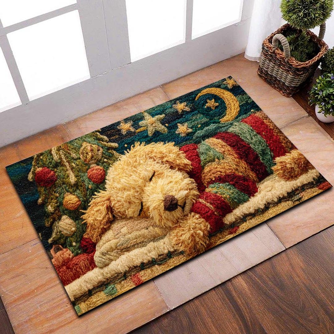 Goldendoodle Dog Sleeping Beside Christmas Tree Mat (2D FLAT PRINTED ...