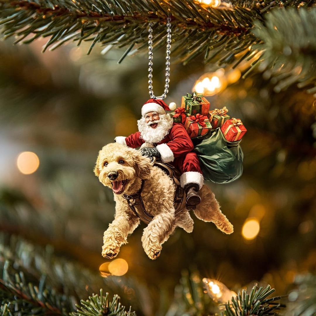 2D Goldendoodle Dog Ornament, Santa Hats Acrylic Dog Hanging Ornament ...