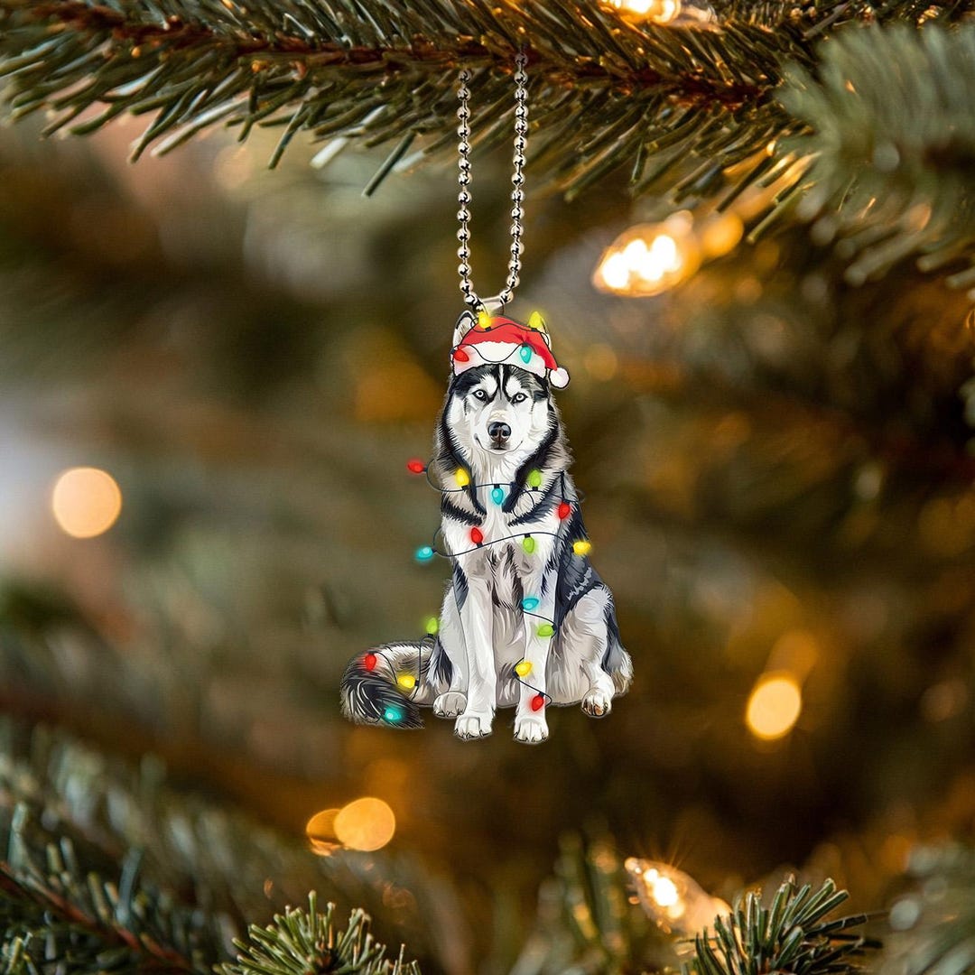 Siberian Husky Ornament, Husky Dog With Santa Hat and Lights, Siberian ...